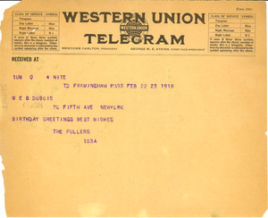 Telegram from Mr. and Mrs. Solomon C. Fuller to W. E. B. Du Bois ...