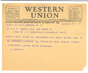 Telegram from Marvel Jackson to W. E. B. Du Bois - Digital Commonwealth