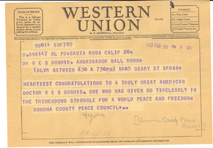 Telegram from Sonoma County Peace Council to W. E. B. Du Bois - Digital ...