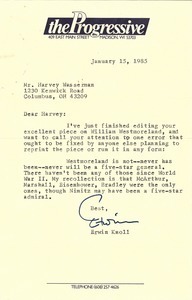 Letter from The Progressive to Harvey Wasserman - Digital Commonwealth