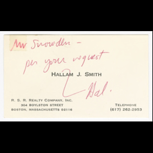 Business card for Hallam J. Smith and information about commercial ...