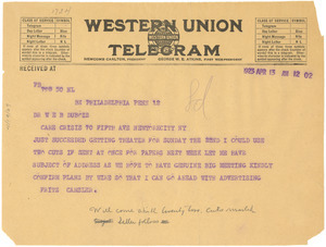 Telegram from Young Men's Christian Association to W. E. B. Du Bois ...