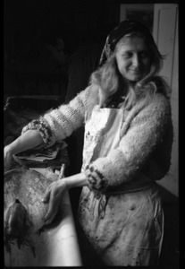 Janice Frey processing a turkey in the sink, Montague Farm Commune ...