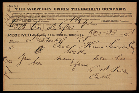 E. H. Pullen to Thomas Lincoln Casey, October 23, 1891, telegram ...