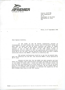 Correspondence: Letter from Jean Jarry (IFREMER) to Captain Griffith ...