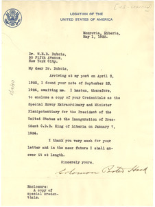 Letter from United States Liberian Legation to W. E. B. Du Bois ...