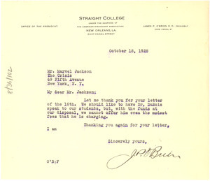 Letter from Straight College to Marvel Jackson Cooke - Digital Commonwealth