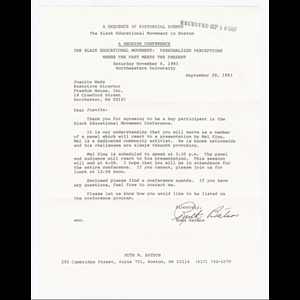 Letter from Ruth Batson to Juanita Wade about the Black Educational ...