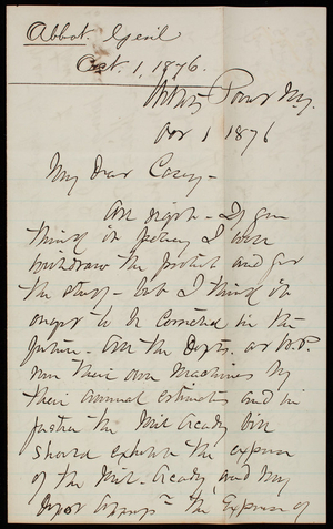 General [Henry L.] Abbot to Thomas Lincoln Casey, October 1, 1876 ...