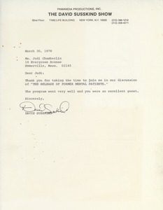 Letter from David Susskind to Judi Chamberlin - Digital Commonwealth