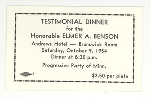 Ticket to testimonial dinner for the Honorable Elmer A. Benson ...