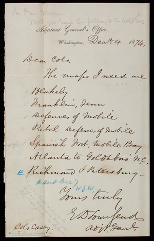 General [Edward] D. Townsend to Thomas Lincoln Casey, December 4, 1874 ...