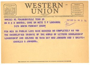 Telegram from Charles S. Johnson to W. E. B. Du Bois - Digital Commonwealth