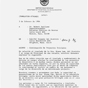 Spanish and English memorandum from District I Hispanic sub-PAC to ...