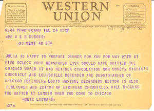 Telegram from Metz T. P. Lochard to W. E. B. Du Bois - Digital Commonwealth