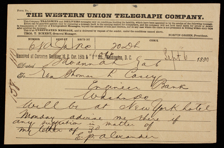 [Edward] P. Alexander to Thomas Lincoln Casey, September 6, 1890 ...
