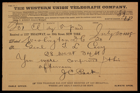 J. C. Post to Thomas Lincoln Casey, July 20, 1888, telegram - Digital ...