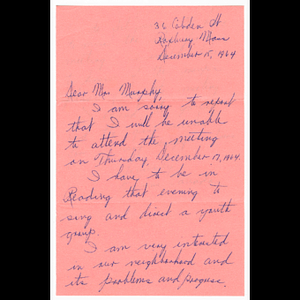 Letter from Erminie Canada to Mrs. Murphy concerning absence at meeting ...