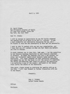 Letter to David Sibeko from Senator Paul Tsongas expressing ...