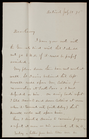 General [Cyrus B.] Comstock to Thomas Lincoln Casey, July 31, 1875 ...
