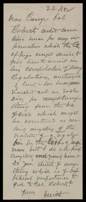 Major George H. Elliot to Thomas Lincoln Casey, November 22, 1879 ...