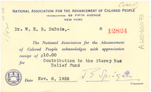 NAACP receipt for contribution to the Moorfield Storey Bas-Relief Fund ...