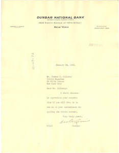 Letter from the Dunbar National Bank to Thomas J. Calloway - Digital ...