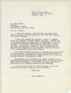 Letter from Judi Chamberlin to Jane Snider - Digital Commonwealth