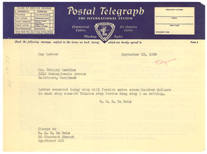 Telegram from W. E. B. Du Bois to Gregory Hawkins - Digital Commonwealth