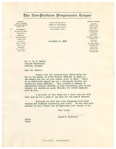 Letter from the Non-Partisan Progressive League to W. E. B. Du Bois ...
