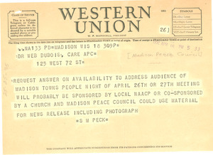Telegram from Madison Peace Council to W. E. B. Du Bois - Digital ...