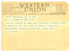Telegram from Metz T. P. Lochard to W. E. B. Du Bois - Digital Commonwealth