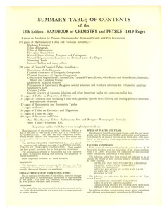 Summary table of contents of the handbook of chemistry and physics ...