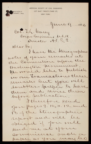 John Bogart to Thomas Lincoln Casey, June 9, 1882 - Digital Commonwealth