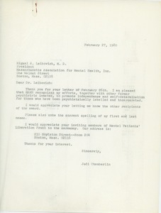 Letter from Judi Chamberlin to Miguel A. Leibovich - Digital Commonwealth
