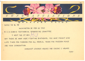 Telegram from Margaret Cardozo and Eugene C. Holmes to W. E. B Du Bois ...