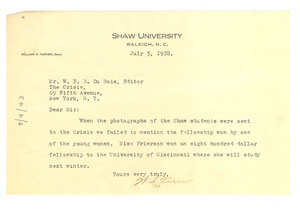 Letter from Shaw University to W. E. B. Du Bois - Digital Commonwealth