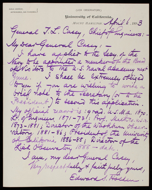 Edward S. Holden to Thomas Lincoln Casey, April 6, 1893 - Digital ...