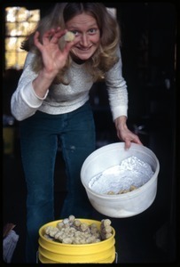 Janice Frey holding up tofu 'meatballs,' Montague Farm Commune ...