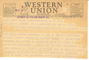 Telegram from United States Department of State to W. E. B. Du Bois ...