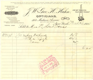 Receipt from J. W. & Geo. H. Hahn, Opticians - Digital Commonwealth