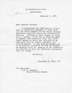 Letter to Paul E. Tsongas from Alexander M. Haig, Jr. expressing ...