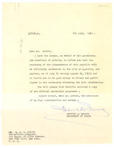 Letter from Republic of Liberia Dept. of State to W. E. B. Du Bois ...