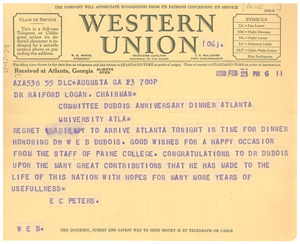 Telegram from Paine College to Rayford W. Logan - Digital Commonwealth