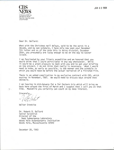 Correspondence: Letter from Walter Cronkite (CBS News) to Dr. Robert ...