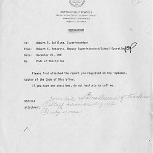 Memorandum from Robert S. Peterkin to Robert R. Spillane containing an ...