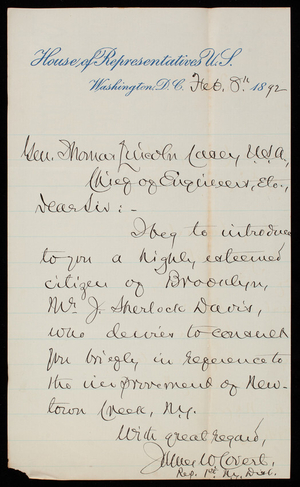 [Representative] James W. Covert, February 8, 1892 - Digital Commonwealth