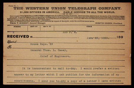 John C. Houk to Thomas Lincoln Casey, January 23, 1893; John C. Houk to ...