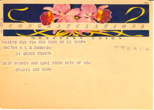 Telegram from Sylvia Soloff and Sam Steinberg to W. E. B. Du Bois ...