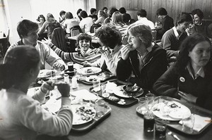 Students gathered at a Boston College dining hall - Digital Commonwealth
